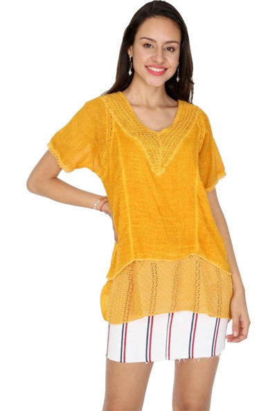 Deriderim Turuncu Şile Bezi Işlemeli Bluz