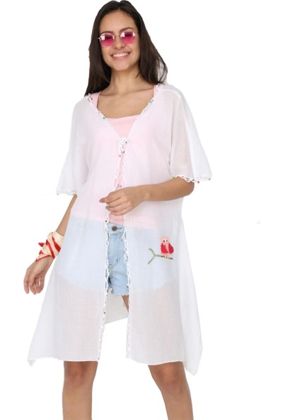 Deriderim Beyaz Şile Bezi Işlemeli Kimono Deriderim Beyaz Şile Bezi Işlemeli Kimono