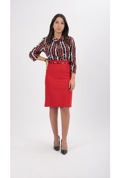 Soralline Kadın 60 cm Astarlı Mevsimlik Kırmızı Kalem Etek