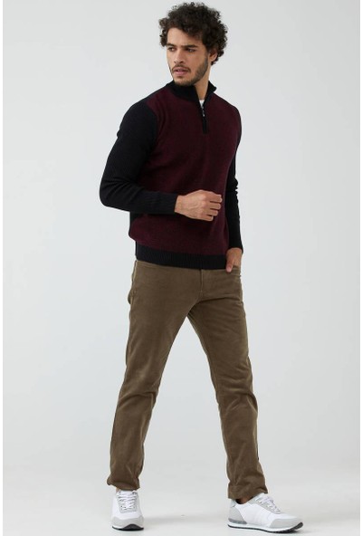Erkek Yarım Boğazlı Fermuarlı Triko Kazak - Siyah - Bordo