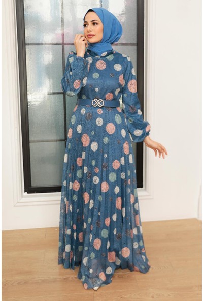 Neva Style - Puantiye Desenli Indigo Mavisi Tesettür Elbise 11871IM Neva Style - Puantiye Desenli Indigo Mavisi Tesettür Elbise 11871IM
