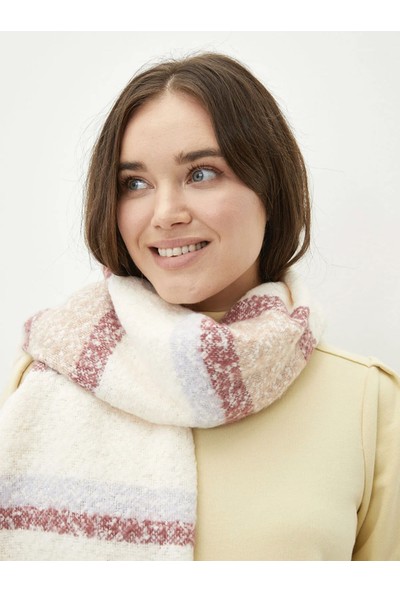 Luminos Butik Kadın Ekru Çizgili Buklet Atkı - Şal 75X180 cm SAL1248