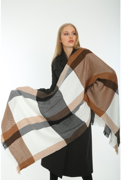 Luminos Butik Kadın Ekru Kare Desenli Atkı - Şal 70X180 cm LMNS1224