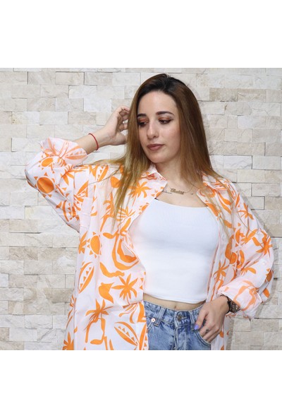 Saylık Pamuk Dijital Baski Bol Kesim Bayan Gömlek Saylık Pamuk Dijital Baski Bol Kesim Bayan Gömlek