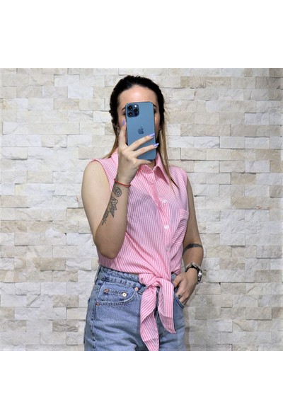 Saylık %100 Pamuk Pembe Rahat Kesim Sıfır Kollu Kadın Gömlek