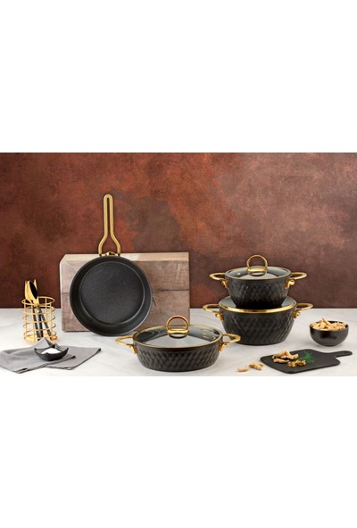Özlifeinci 7 Parça Granit Set Siyah-Gold Özlifeinci 7 Parça Granit Set Siyah-Gold