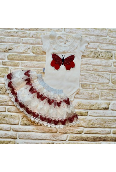 Eha Kız Çocuk Takım Payet Kelebek Desenli Brode Saten Kırmızı 3 Yaş PS10258