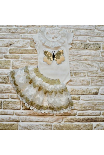Eha Kız Çocuk Takım Payet Kelebek Desenli Brode Saten Gold 2 Yaş PS10254