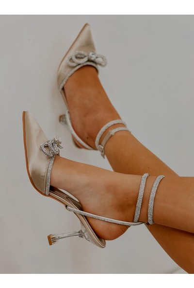 Bej Saten (Bella) Taş Detay Kadın Stiletto