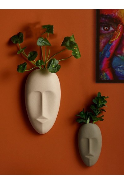 Soyut Mask 2'li Duvar Vazosu Bej - Gri