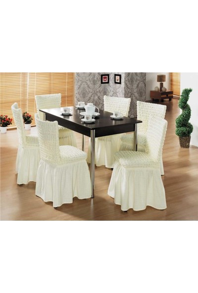 Sandalye Kılıfı Likralı Bürümcük Etekli Lastikli Yıkanabilir Sandalye Örtüsü 6ADET Burumcuk Krem