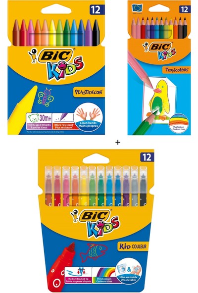 Bic Pastel Boya Kalemi 12'li + Kuru Boya Kalemi 12'li + Yıkanabilir Keçeli Boya Kalemi 12'li