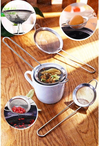 Arsimo Paslanmaz Çelik 3 Boy Çay Süzgeç Seti 3'lü Süzgeç | Çay Süzgeç Seti 8-7-5 cm