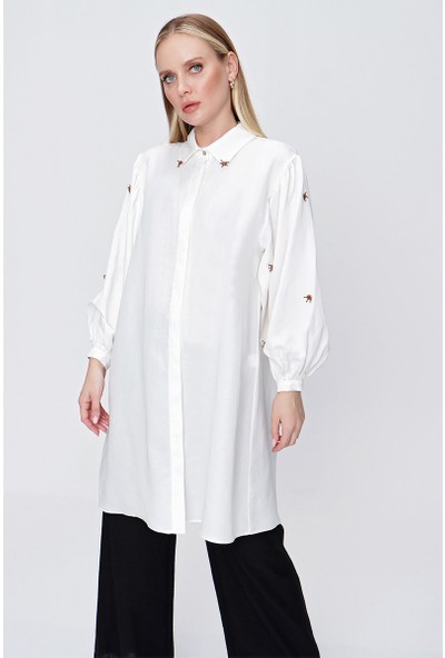 Aker 15711111 Balon Kol Işleme Detaylı Keten Tunik