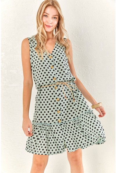 Oshebu Kadın Viskon Etek Ucu Volanlı Puantiyeli Elbise