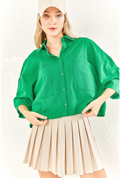 Oshebu Kadın Salaş Kesim Crop Keten Gömlek