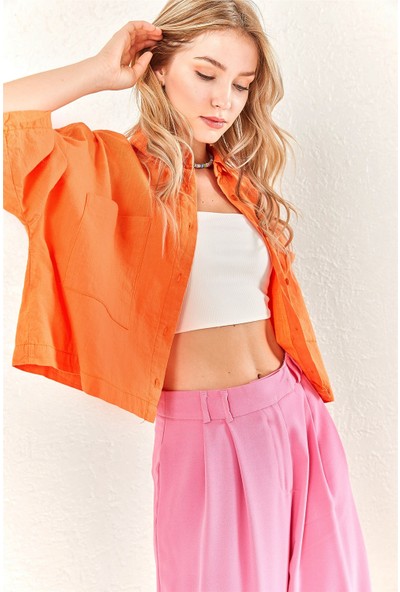 Oshebu Kadın Salaş Kesim Crop Keten Gömlek