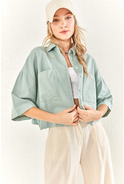 Oshebu Kadın Salaş Kesim Crop Keten Gömlek