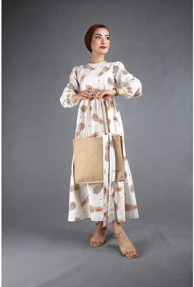 Sevitli Turuncu Büyük Ananas Desenli Keten Elbise Sevitli Turuncu Büyük Ananas Desenli Keten Elbise