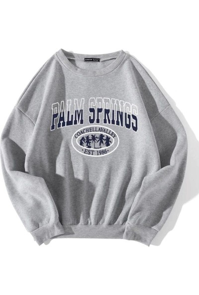 Laluvia Gri Oversize Palm Springs Baskılı Sweatshirt