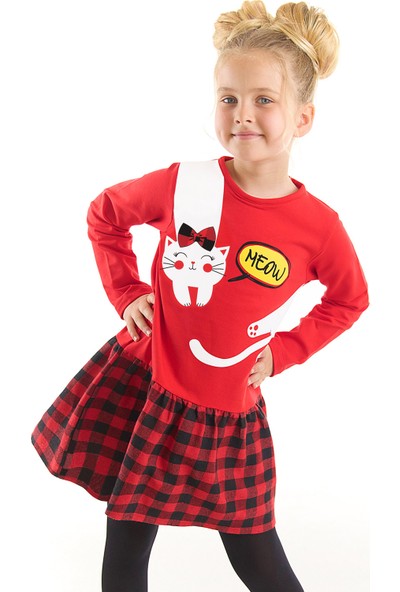 Denokids Beyaz Kedi Kız Çocuk Kırmızı Elbise