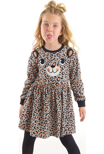 Denokids Leopar Gri Kız Çocuk Elbise