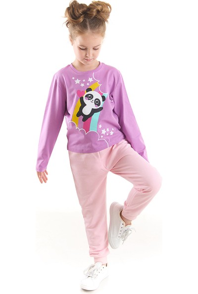 Denokids Gökkuşağı Panda Kız Çocuk T-Shirt Pantolon Takım