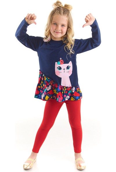Denokids Çiçekli Kedi Kız Çocuk Tunik Tayt Takım