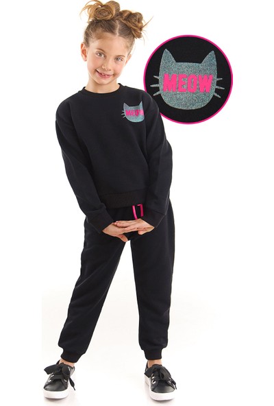 Mushi Siyah Kedi Kız Çocuk Eşofman Alt Üst Takım
