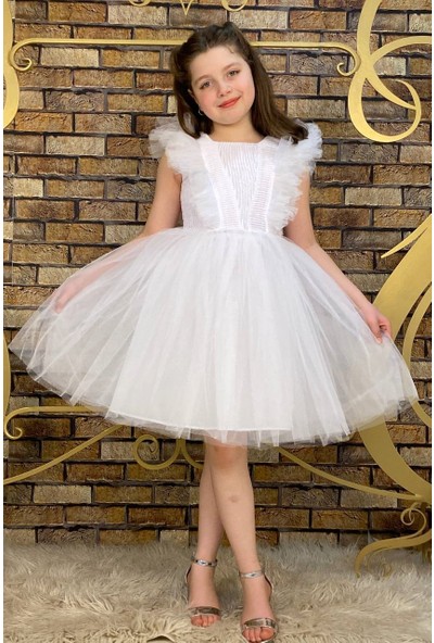 Abiye Kids Beyaz Simli Tüllü Çocuk Abiye ABY4520