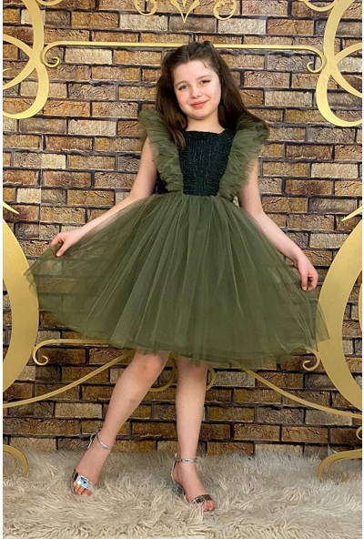 Haki Simli Tüllü Çocuk Abiye