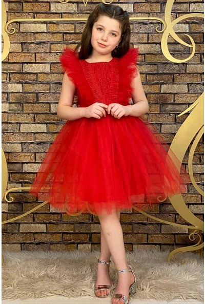 Kırmızı Simli Tüllü Çocuk Abiye