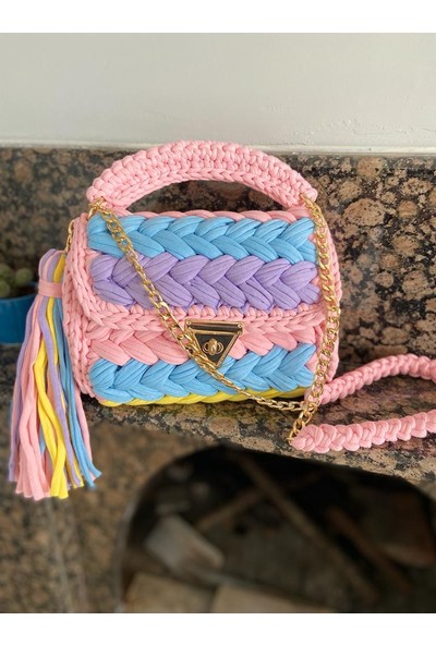 Kozal Aksesuar Gökkuşağı Serisi El Örgüsü Penye Karışık Pembeli Renk Fıstık El ve Omuz Çantası