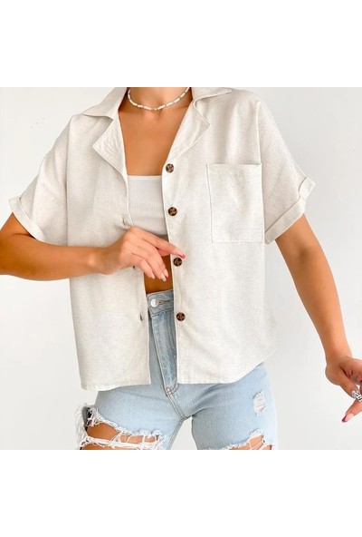 Kadın Ceket Yaka Tek Cep Keten Gömlek Kadın Ceket Yaka Tek Cep Keten Gömlek