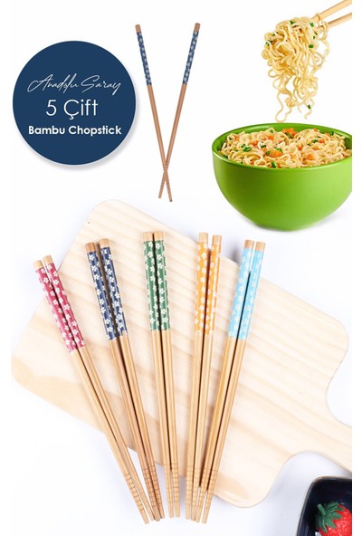 Anadolu Saray Çarşısı 5 Çift Desenli Yıkanabilir Kore Çin Bambu Chopsticks Yemek Çubuğu | Desenli Bambu Chopstick