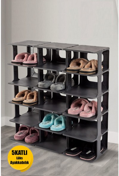 Lüks Ayakkabılık 3 Adet 5 Katlı Antrasit Gri Üste ve Yana Çoğalabilir Montaj Özelliği Şık Tasarım