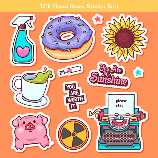 Hand Draw Sticker Seti Ajanda - Defter - Laptop Için 12 Adet Fiyatı
