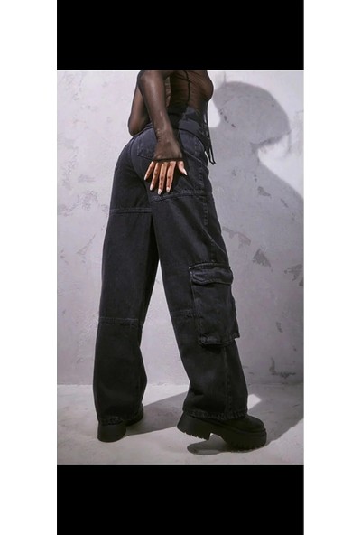 Touz Moda Y2K Recycled Black Cargo Pocket Wıde Leg Jean Touz Moda Y2K Recycled Black Cargo Pocket Wıde Leg Jean