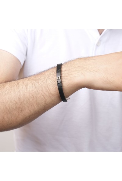 Nur Silver Erkek Siyah Geçişli Deri Çelik Bileklik