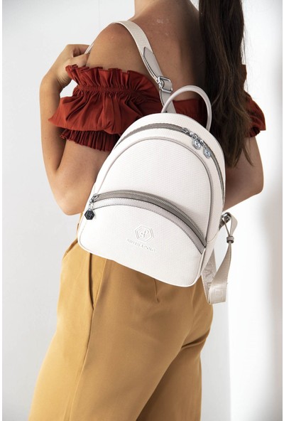 Silver Polo Bej Tek Bölmeli Kadın Sırt Çantası SP945