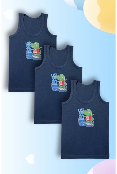 Gri Mor Tekstil 3'lü Timsah Baskılı Lacivert Çocuk Atlet