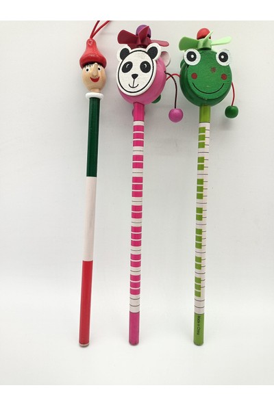 Mini Karikatür Çıngırak Davul Kapaklı Ahşap Kalem (3'lü Set)