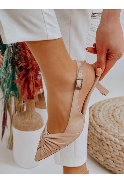 Bej Saten (Bow) Fiyonk Detay Kadın Stiletto