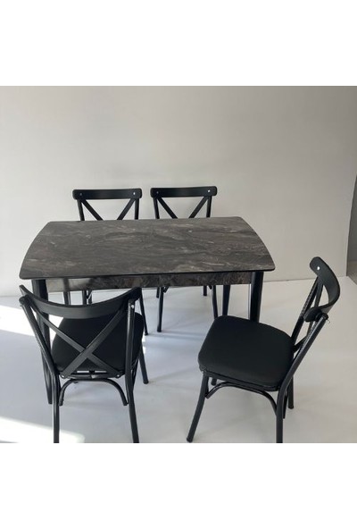 Özel Yapım Siyah Mermer Desenli Sabit 70 x 120 cm Mutfak Masa Takımı 6 Sandalyeli-