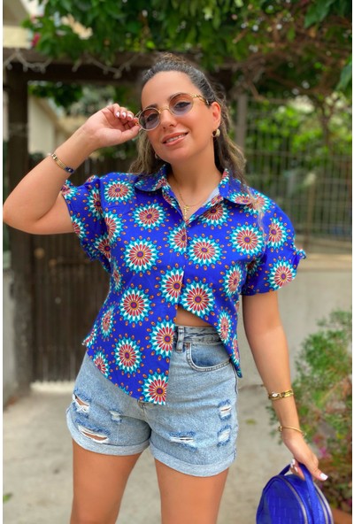 Kaya Sısters Mavi Desenli Arkası Lastik Detaylı Gömlek 5509