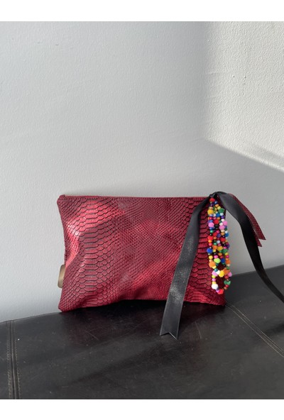 Bordo Yılan Desenli Boncuk Aksesuarlı Clutch ve El Çantası