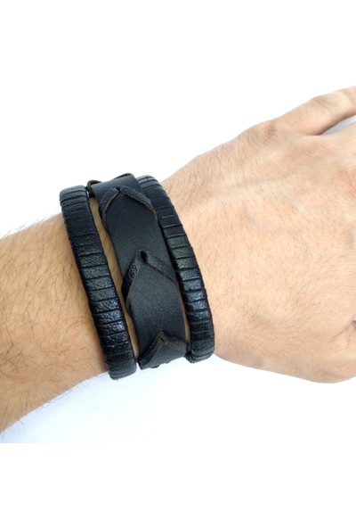 Hakiki Deri Siyah Renk Unisex Bileklik S2