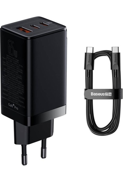 Baseus Gan3 Pro 65W 2 Type-C + USB Hızlı Şarj Başlığı Adaptörü ve Hızlı Şarj Type-C Kabl Baseus Gan3 Pro 65W 2 Type-C + USB Hızlı Şarj Başlığı Adaptörü ve Hızlı Şarj Type-C Kabl