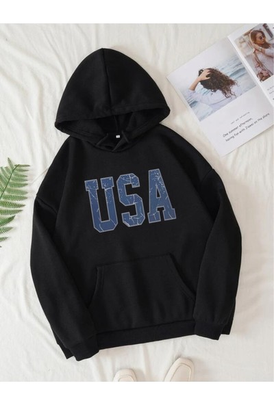 Afro Giyim Unisex Kapşonlu Sweatshirt Mavi Usa Baskılı Hoodie Afro Giyim Unisex Kapşonlu Sweatshirt Mavi Usa Baskılı Hoodie