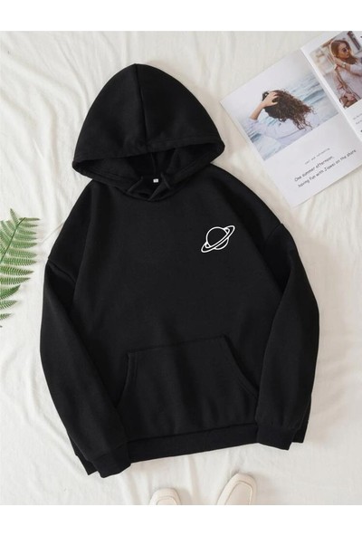 Afro Giyim Unisex Satürn Baskılı Oversize Kapşonlu Hoodie